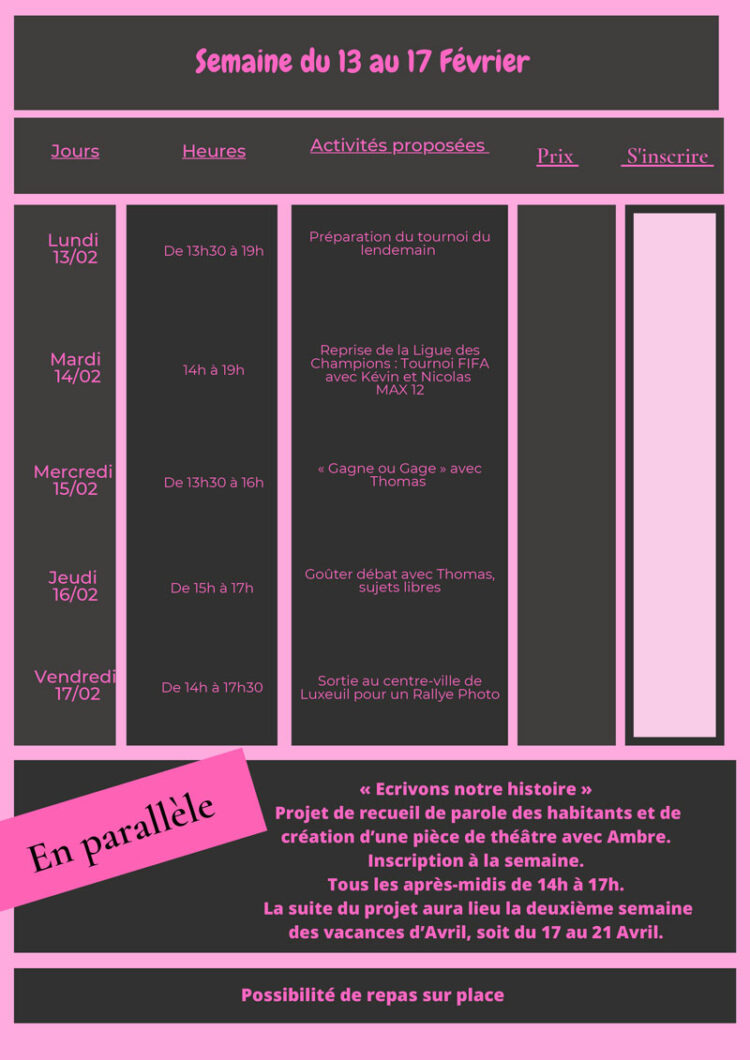 Pôle Ados: Programme vacances de Février - Centres Sociaux Luxoviens